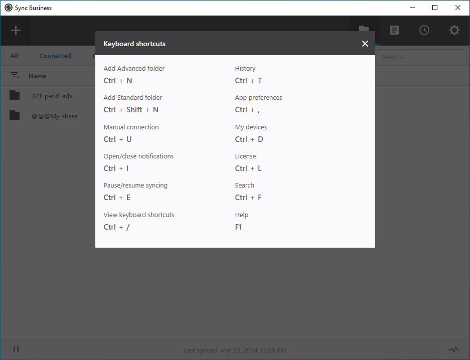Sync keyboard shortcuts – Resilio Sync