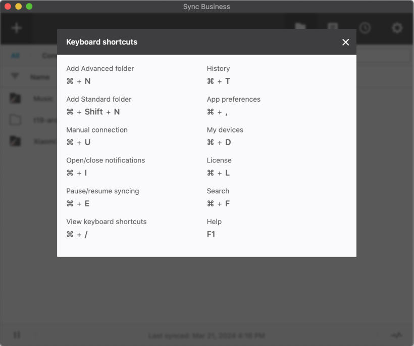 Sync keyboard shortcuts – Resilio Sync